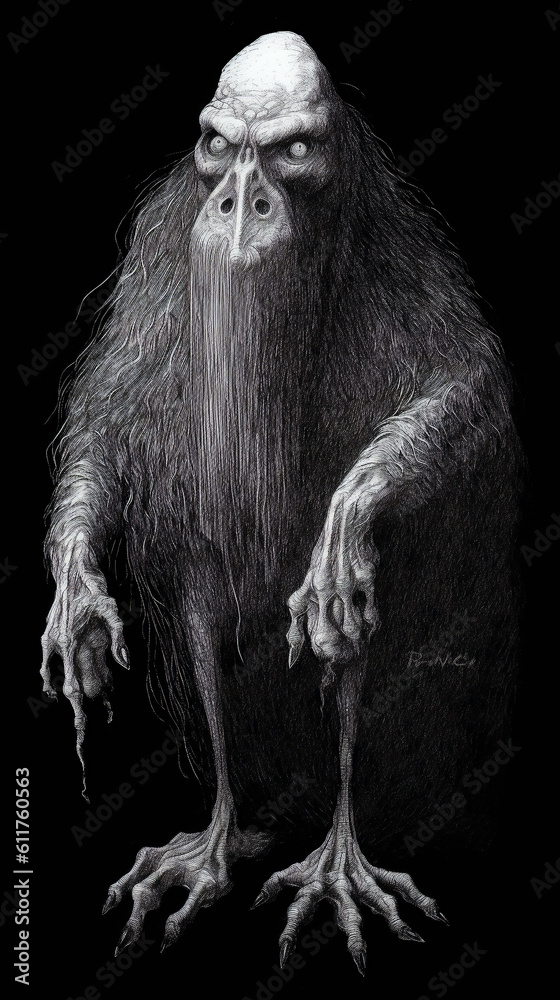 Symbolism surrealism ink drawing hatching, full body portrait including ...