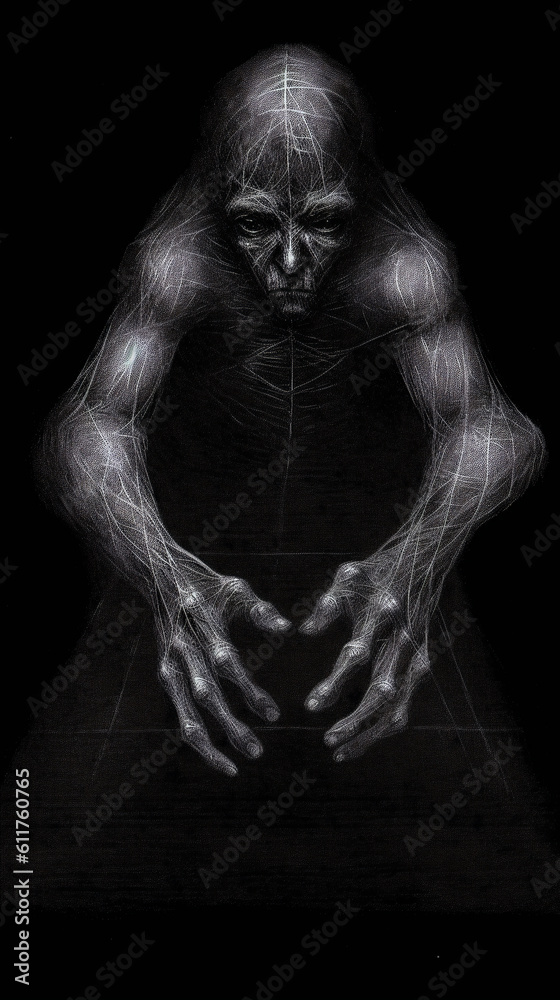 Symbolism surrealism ink drawing hatching, full body portrait including ...
