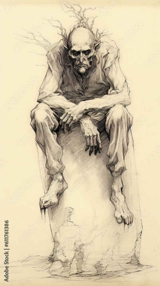 Symbolism surrealism ink drawing hatching, full body portrait including ...