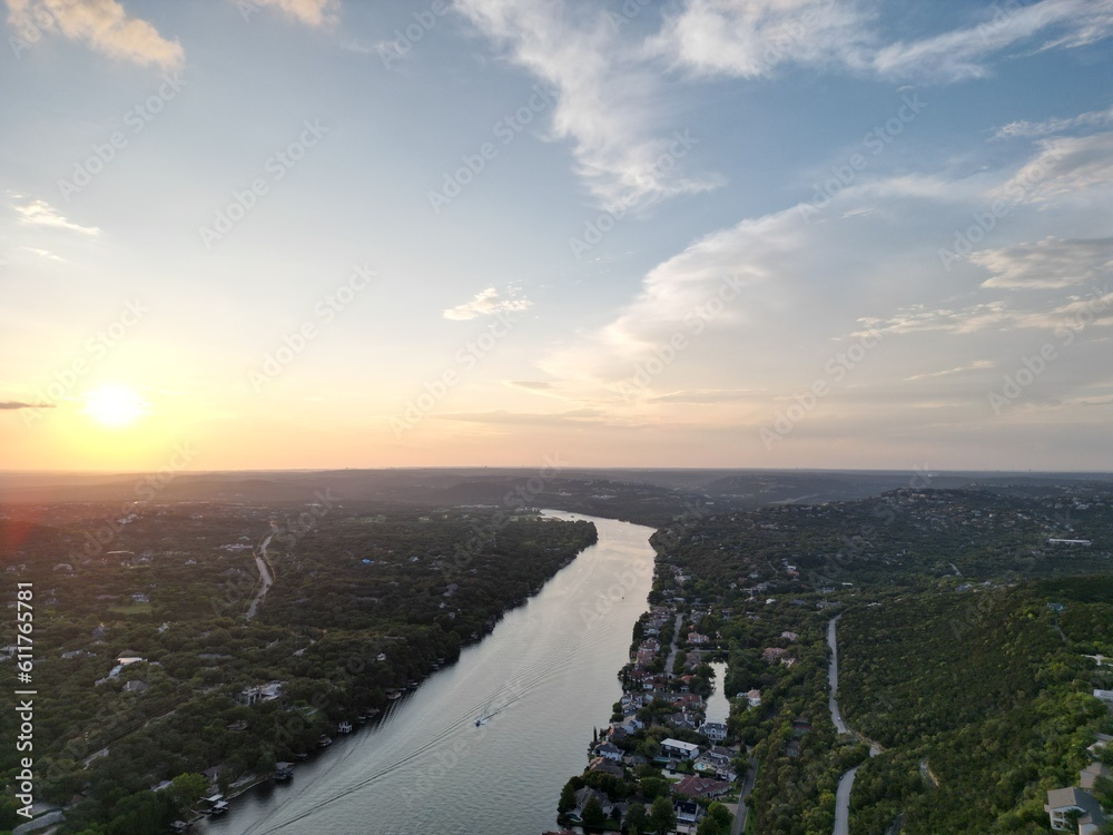 Aerial view of Lake Austin, via Mount Bonnell, with downtown's skyline ...