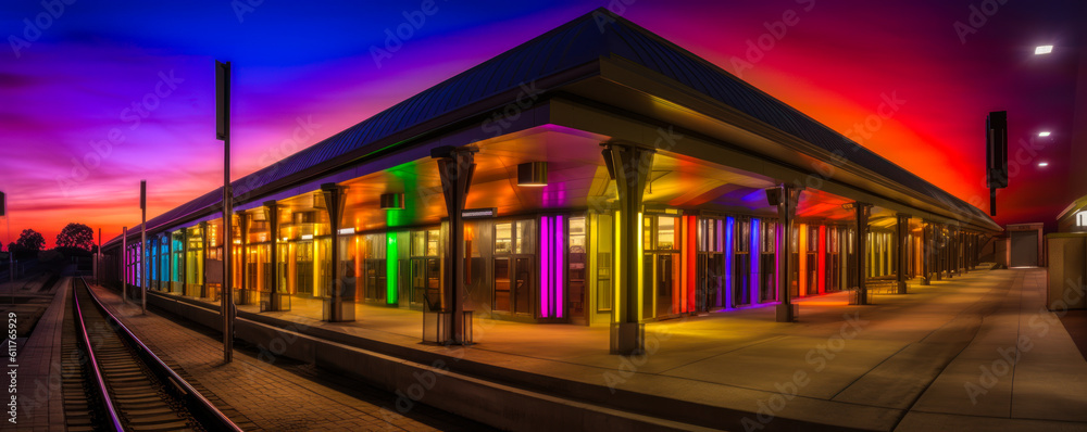 Captivating image of a train station platform at twilight with rainbow ...