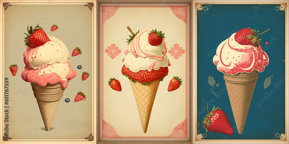 Vintage delicious strawberry ice cream in waffle cup. Retro posters set ...