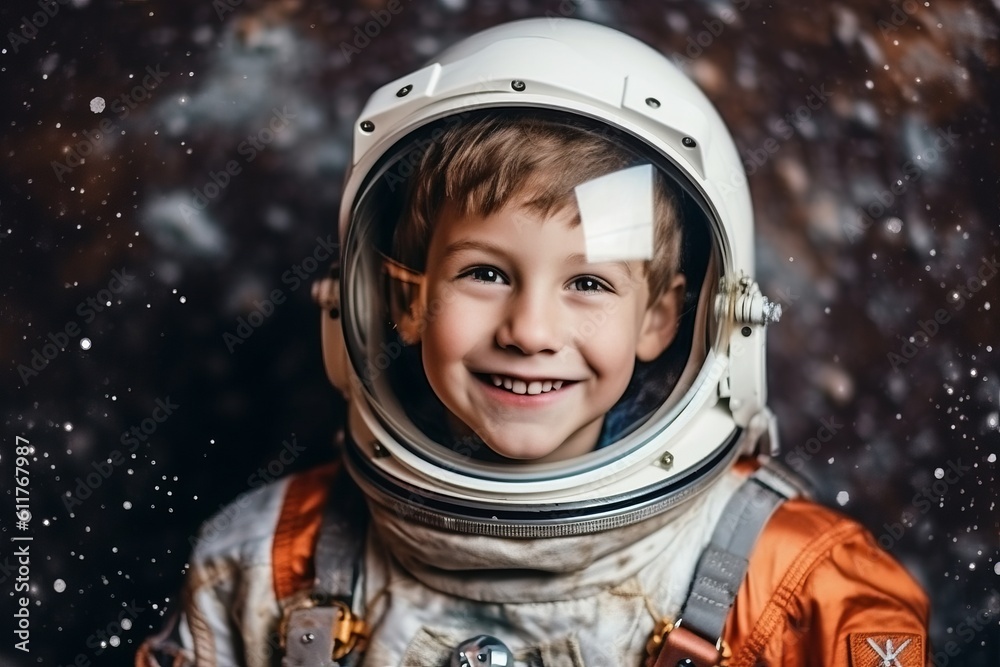 child boy that is wearing an astronaut suit against an outer space ...