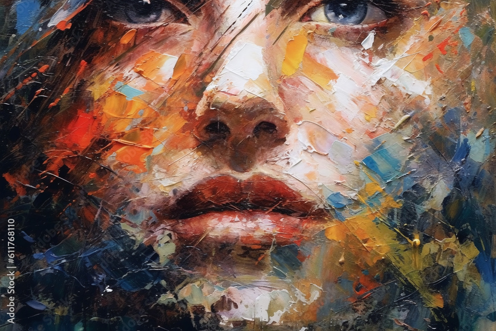 Painted colorful abstract surreal female face. Landscape 3:2 aspect ...