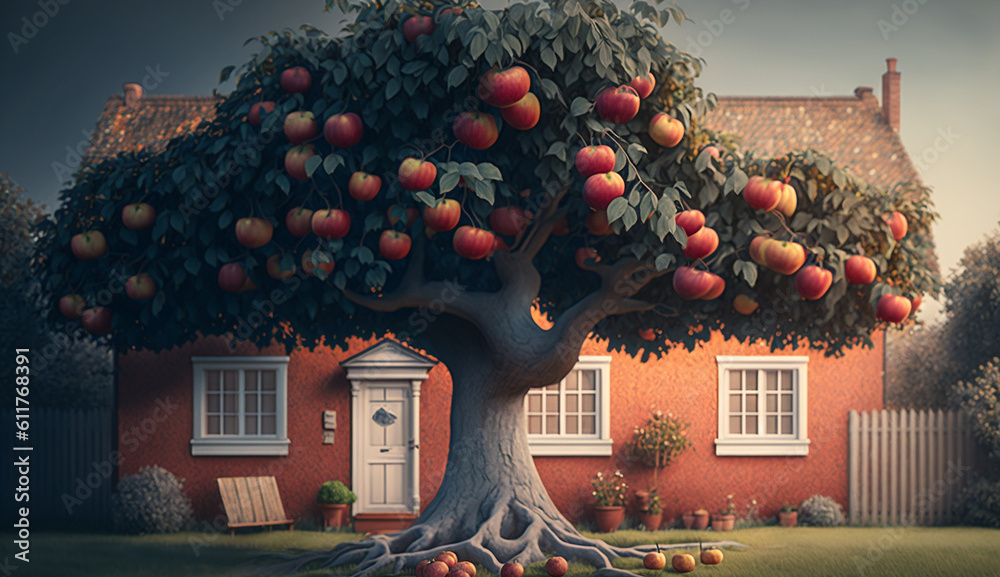 Apple tree front house pictures AI Generated illustration Stock ...