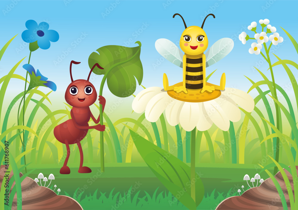 Cartoon background with ant and bee. Summer Landscape of field with ...