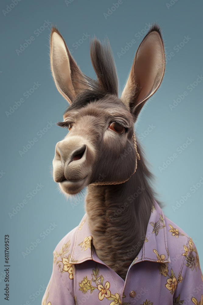 Anthropomorphic donkey dressed in human clothing. humanized animal ...