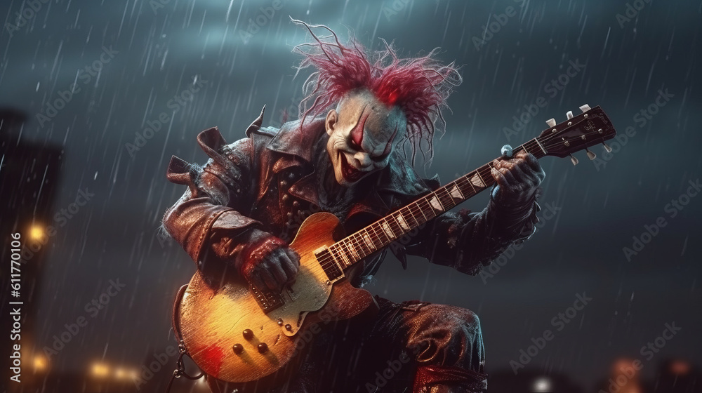 Rock and roll musician in steampunk joker style plays the guitar, clown ...