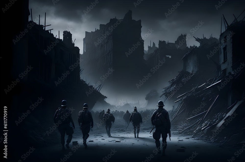 A group of army soldiers walking through a city destroyed by war ...