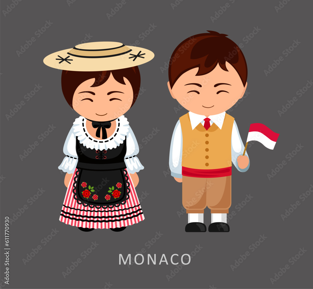 Woman and man in Monaco national costume. Monegasques couple, cartoon ...