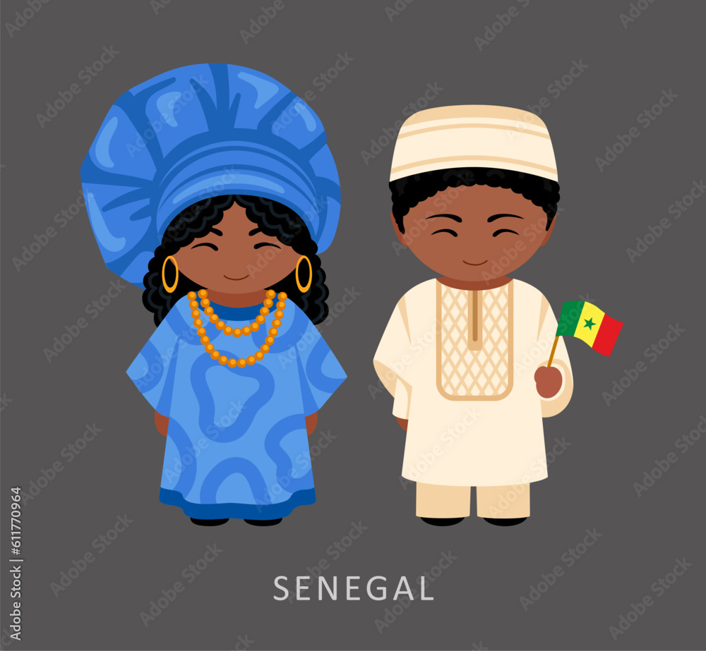 Woman and man in Senegal national costume. Senegalese couple, cartoon ...