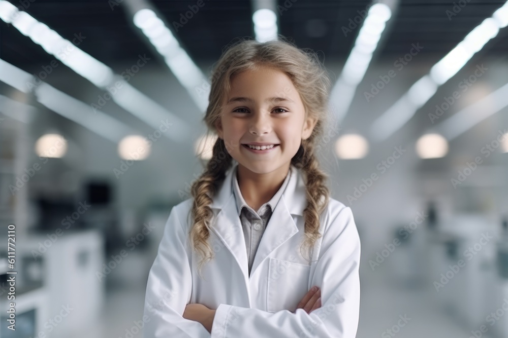 smiling little girl in lab coat looking at camera at science class ...