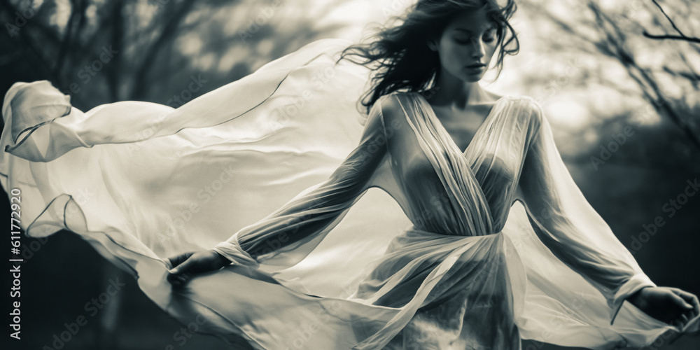 Fashion sensual woman in white fluttering dress, White Dress flying on ...