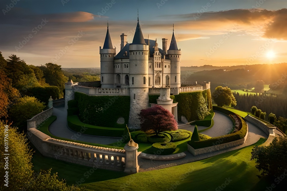 an ancient castle with weathered stone walls and overgrown vines ...