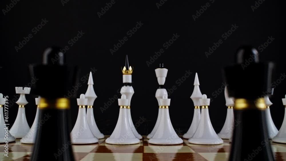 Chess game. Camera moving through chess pieces. Chessboard competition ...