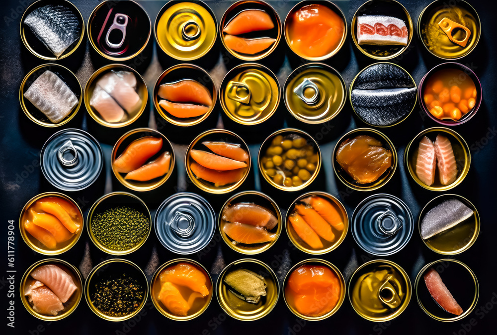 cans with different types of fish, top view, generative ai Stock ...