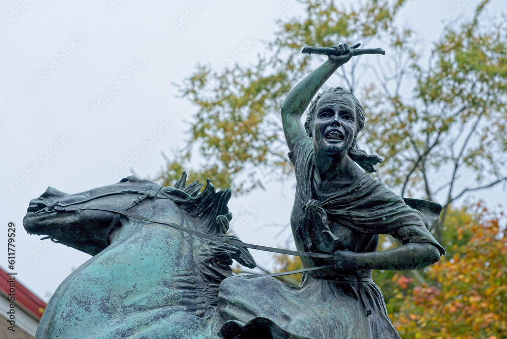 Danbury, CT - Oct. 17, 2022: Detail of bronze Sibyl Ludington statue at Danbury Public Library ...
