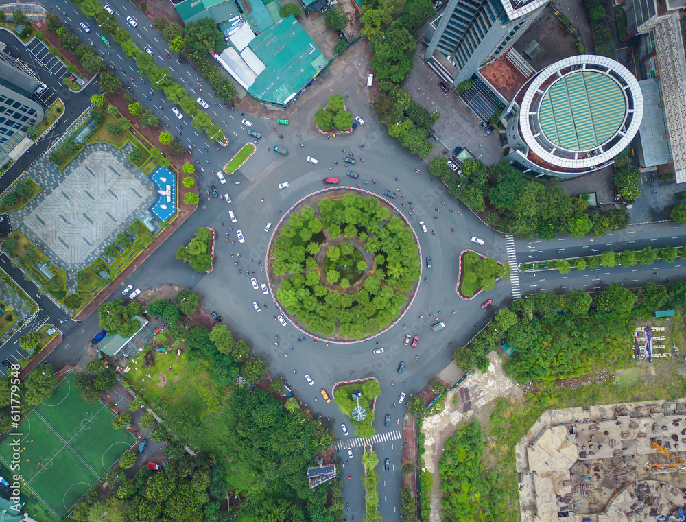 Wongwian Yai roundabout. Aerial view of highway junctions. Roads shape ...