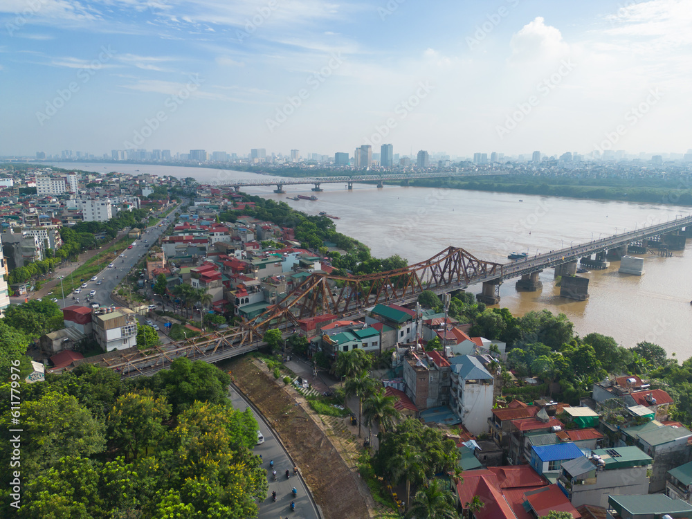 Aerial view of Long Bien railway bridge through the river crossing the ...