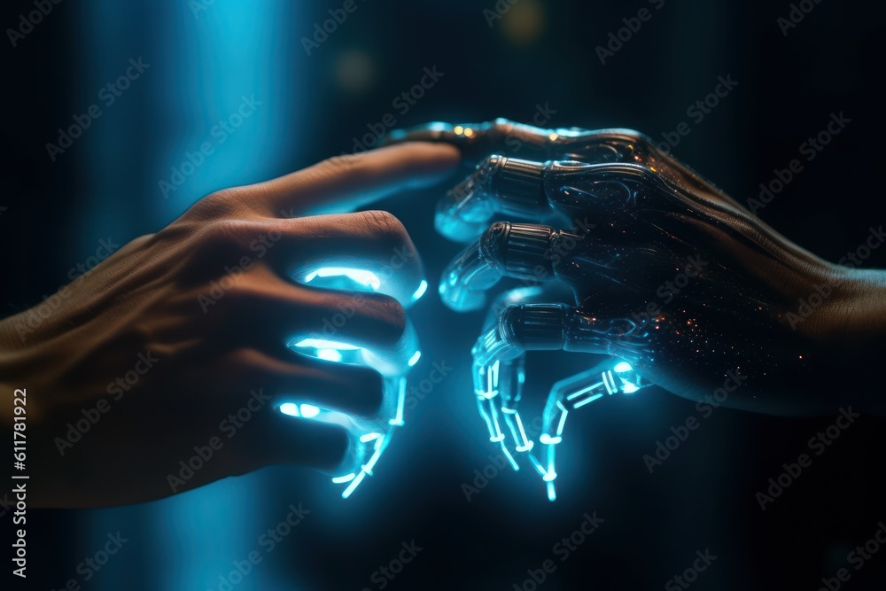a human and replicant's hands almost touching with a glowing question ...