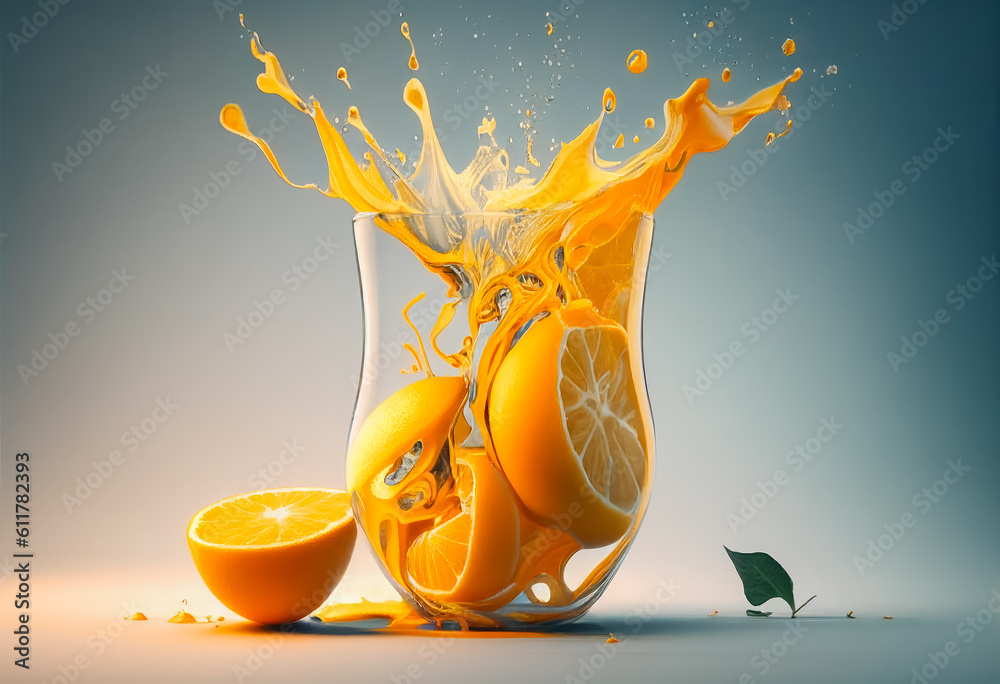 Still life with a glass of freshly squeezed orange juice in dali style ...