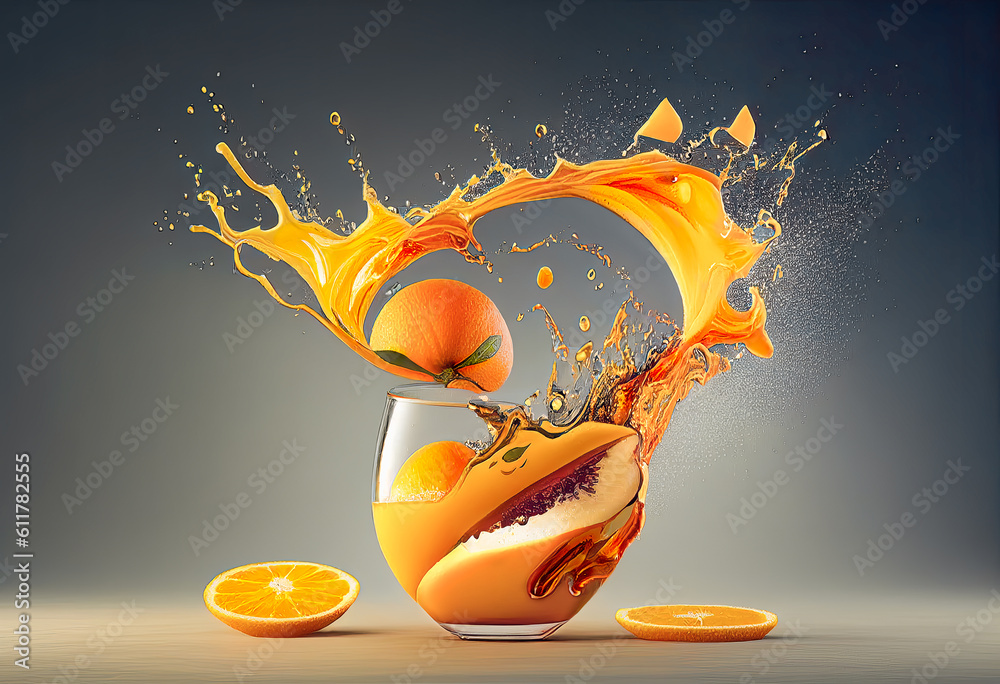 Still life with a glass of freshly squeezed orange juice in dali style ...