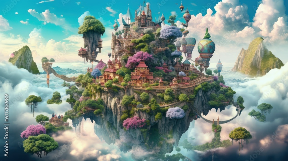 Fantastical realm floating in the clouds, featuring floating islands ...