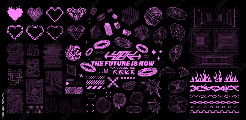 Poster Retrofuturistic graphic set - Y2K elements, 3D universal geometric shapes, grid ...