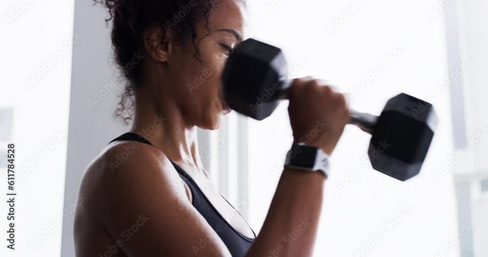 Woman, dumbbells and weightlifting, bodybuilder and fitness in gym ...