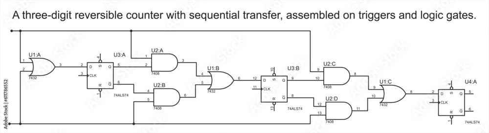 A three-digit reversible counter with sequential transfer, assembled on ...
