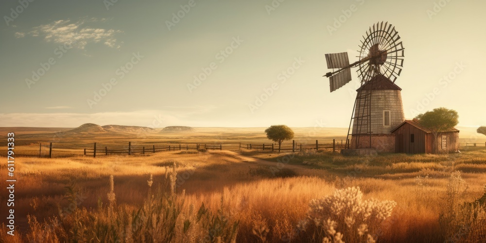 rustic countryside windmill standing amidst golden fields, with a ...