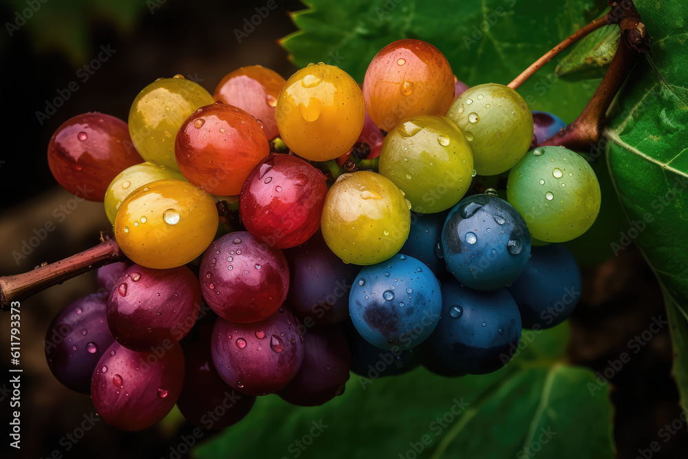 Closeup of unusual fresh grapes in rainbow colors with rain drops ...