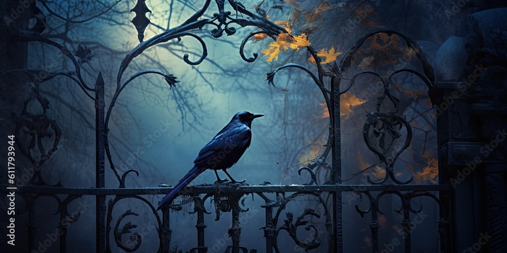 A raven perches on a wrought-iron gate at the entrance of an overgrown ...