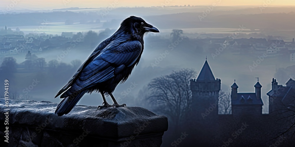 A raven stands guard on the parapet of a medieval castle, Generative AI ...