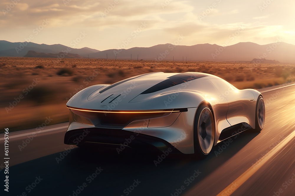 futuristic sports car driving at high speed on the road with beautiful ...