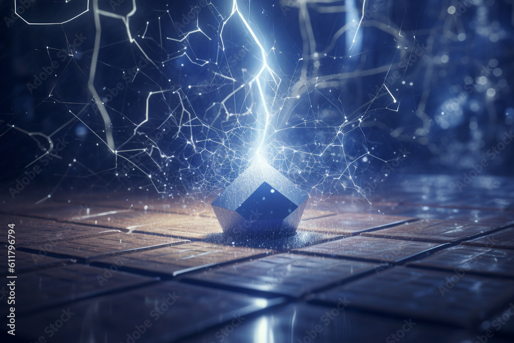 A blue and white Ethereum coin being struck by a lightning bolt, with a ...