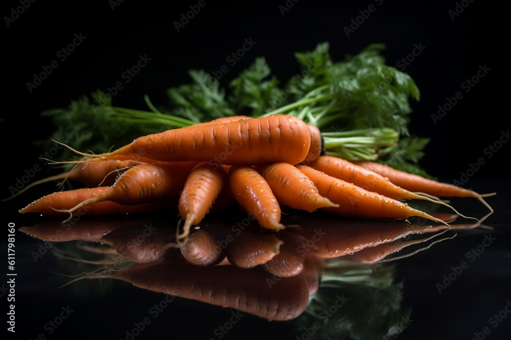 A perfect Bunch of Carrot sitting on a shiny surface with a black ...