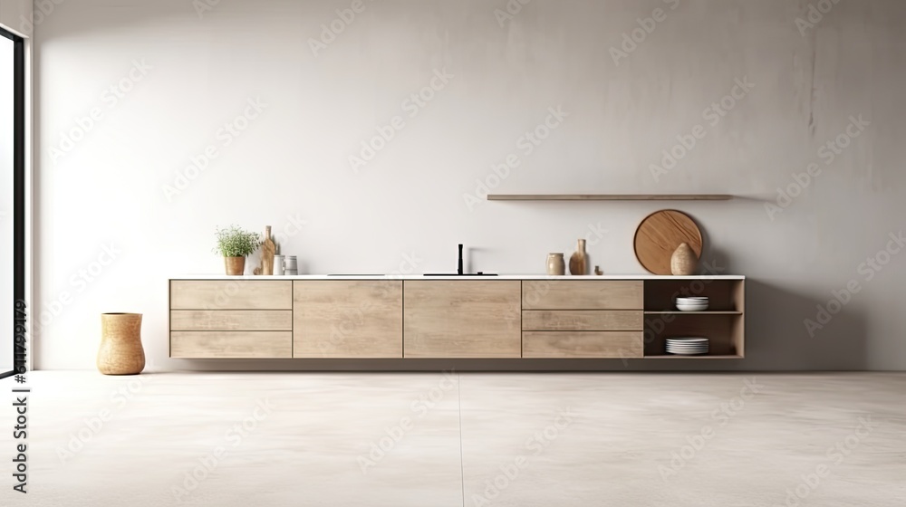 Front view of a light kitchen interior with a white cupboard, white ...