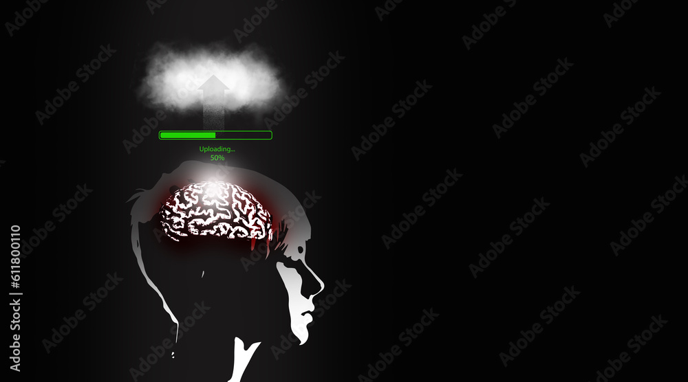 Mind uploading, Brain upload concept. Data and information are uploaded ...