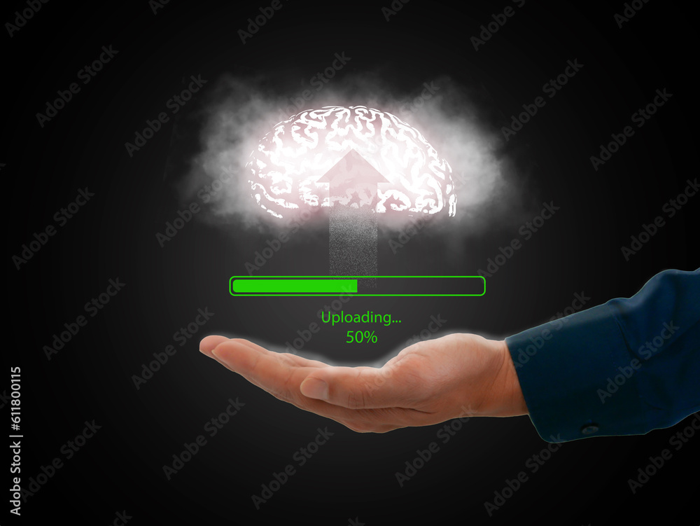 Mind uploading, Brain upload concept. Data and information are uploaded ...