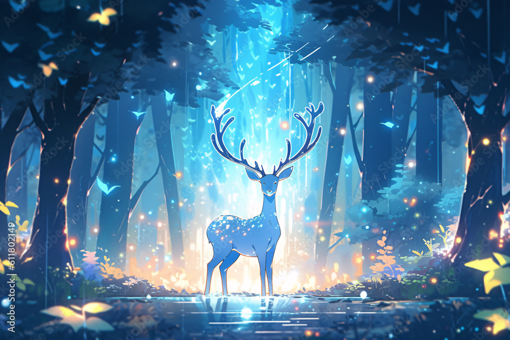 cartoon hand drawn beautiful forest scene deer fairy tale illustration ...