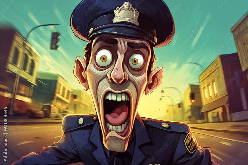 Graphic novel style image of an overworked and surprised police officer ...