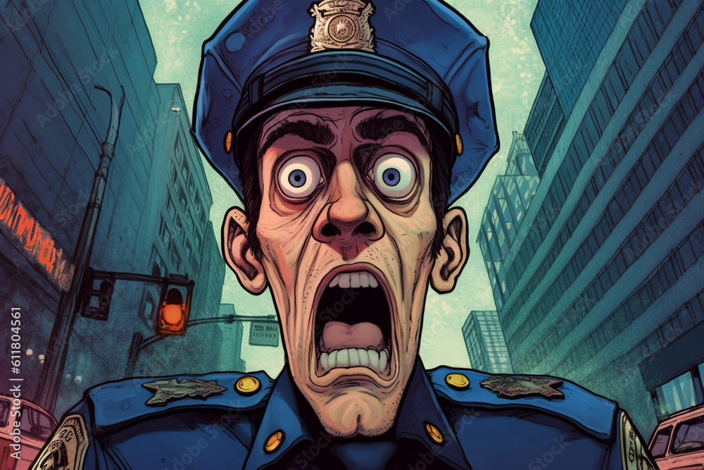 Graphic novel style image of an overworked and surprised police officer ...