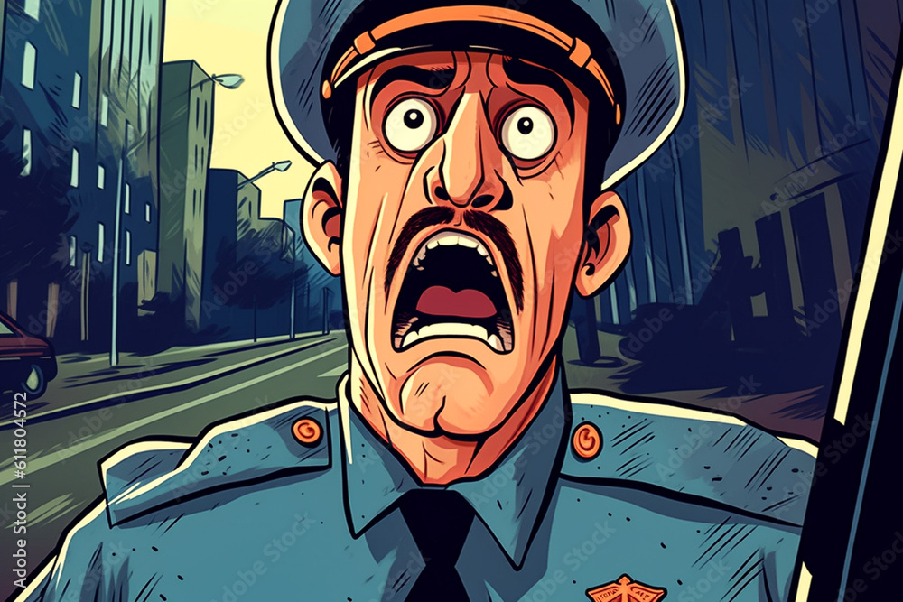 Graphic novel style image of an overworked and surprised police officer ...