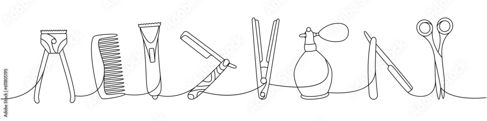 Barber shop tools one line continuous drawing. Clipper, comb, razor ...