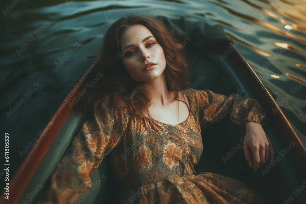 Woman seated in a vintage boat, gently gliding across the tranquil lake ...