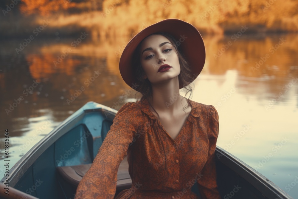 Woman seated in a vintage boat, gently gliding across the tranquil lake ...