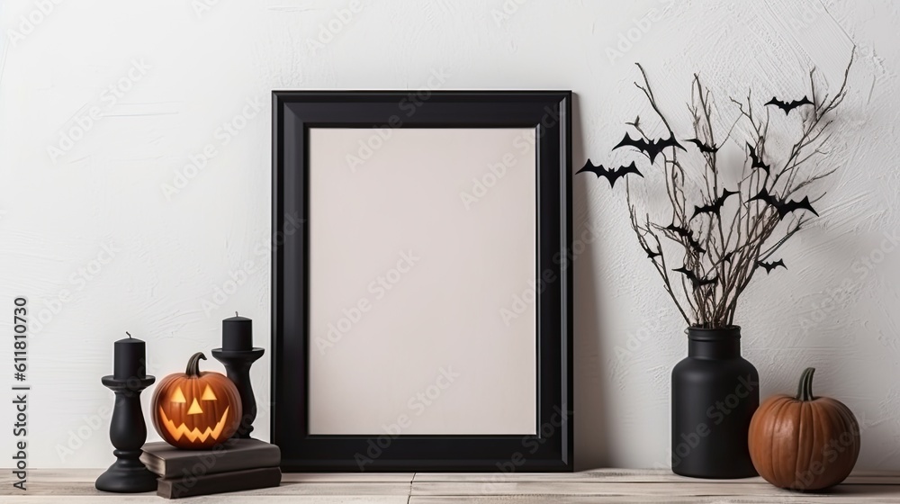 Mock up a desk or shelf with a dark frame decorated with a scary tree ...