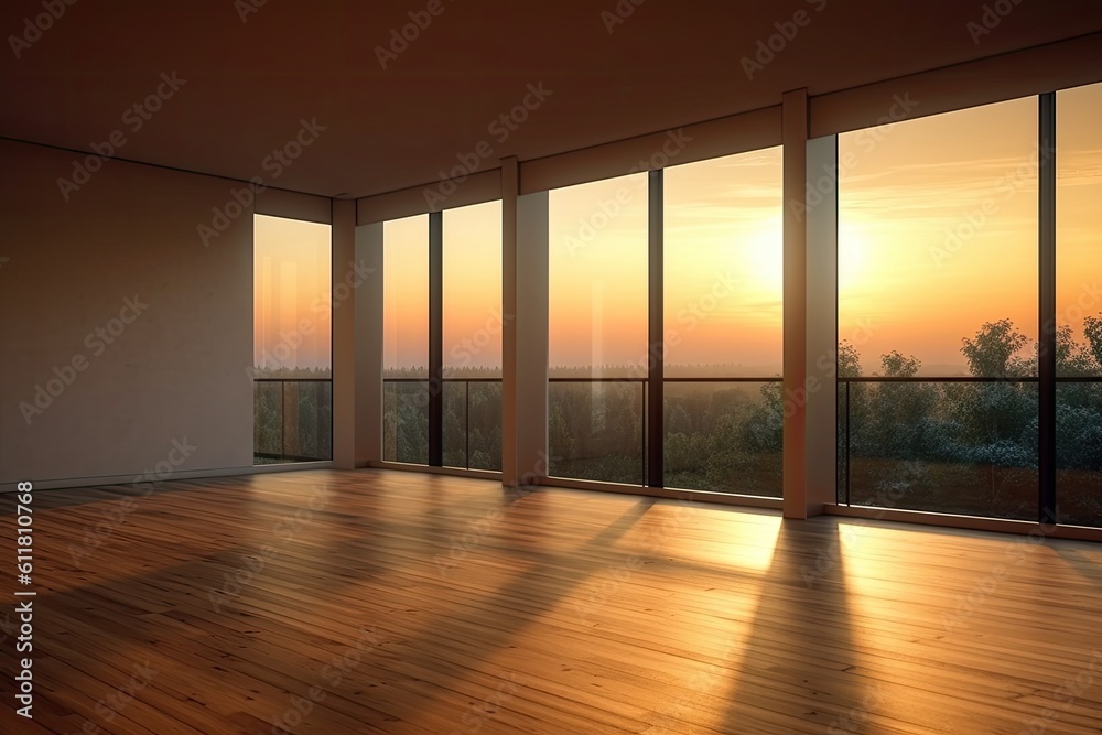 windowed interior of a house. empty space evening scene design for an ...