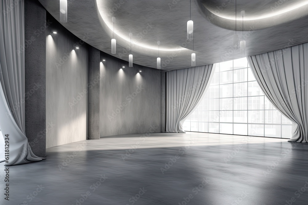 Interior of a well-lit display hall with a concrete floor and an ...